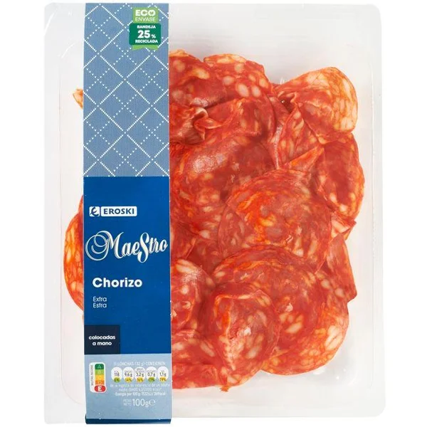 Chorizo extra colocado a mano EROSKI MAESTRO, bandeja 100 g - Precio ...